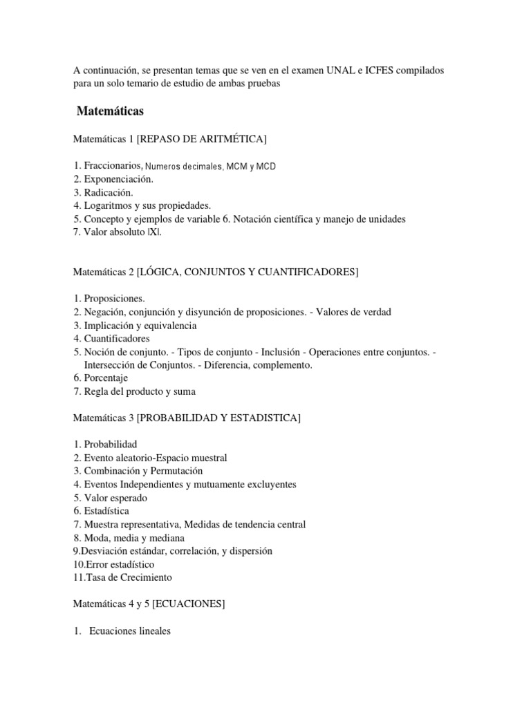 Temario ICFES y UNAL | PDF | Concentración | Importar