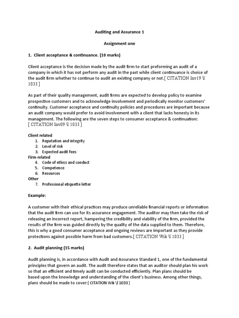Auditing and Assurance 1 Assignment One 1. Client Acceptance ...