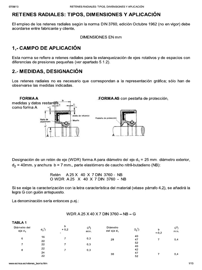 Retenes Radiales Tipos, Dimensiones y Aplicación | PDF
