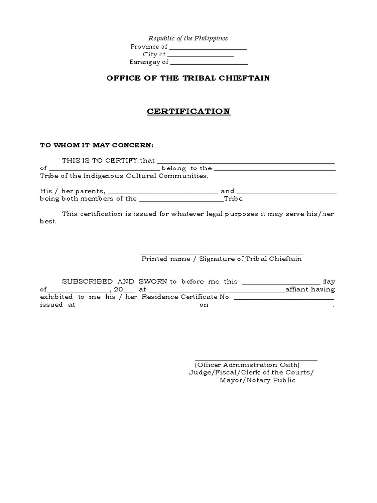 Certification: Office of The Tribal Chieftain | PDF | Notary Public ...