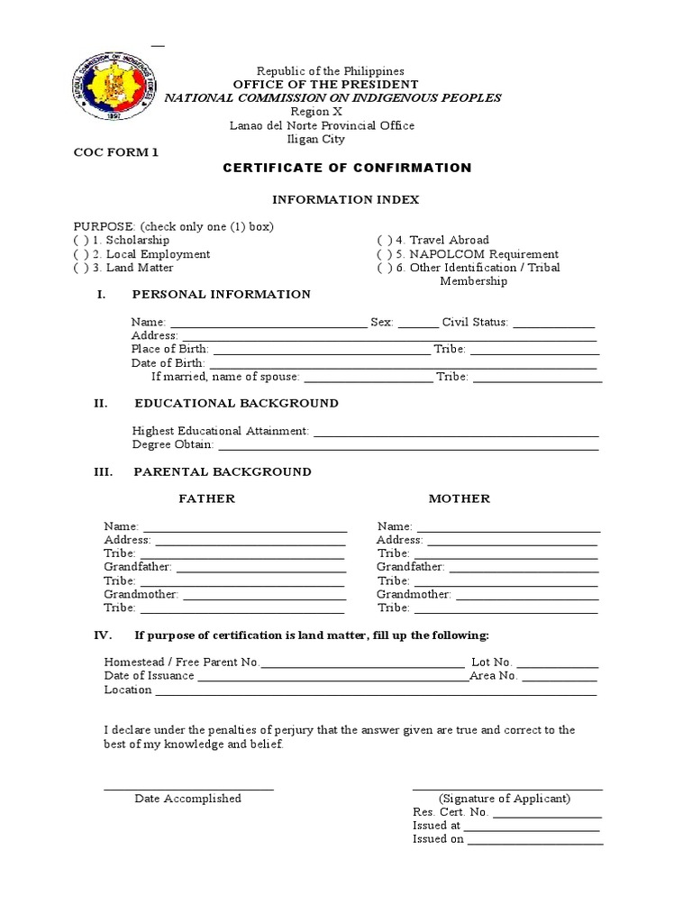 Application for an Indigenous Peoples Certificate of Confirmation in ...