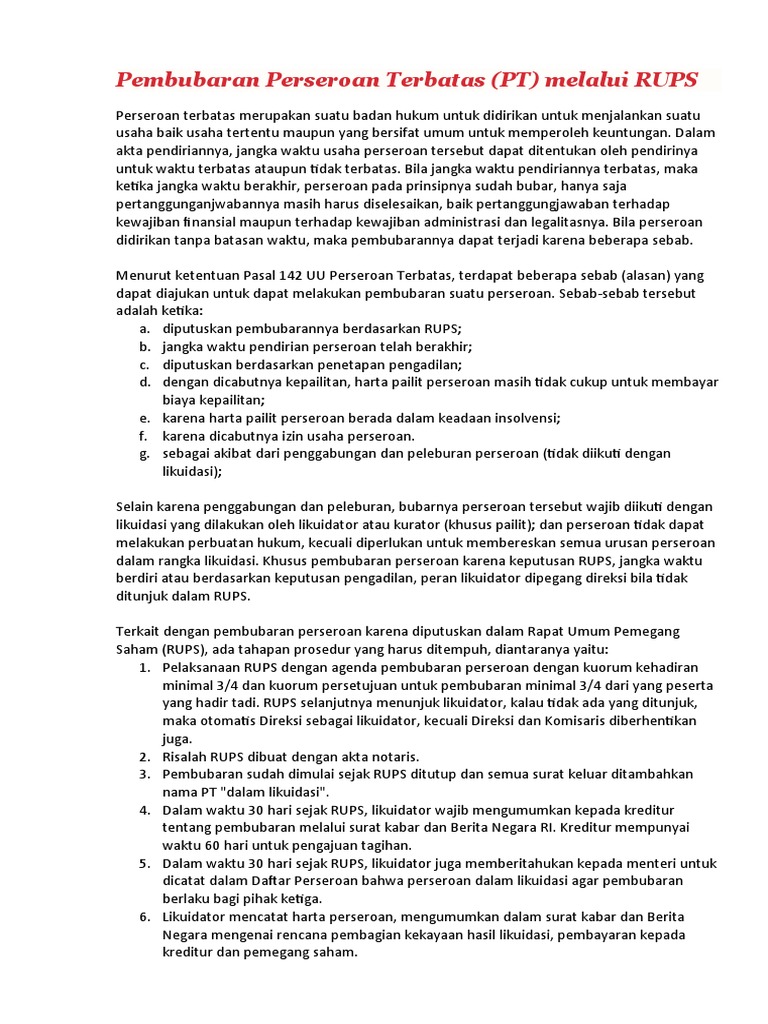 Prosedur Pembubaran PT Melalui RUPS | PDF