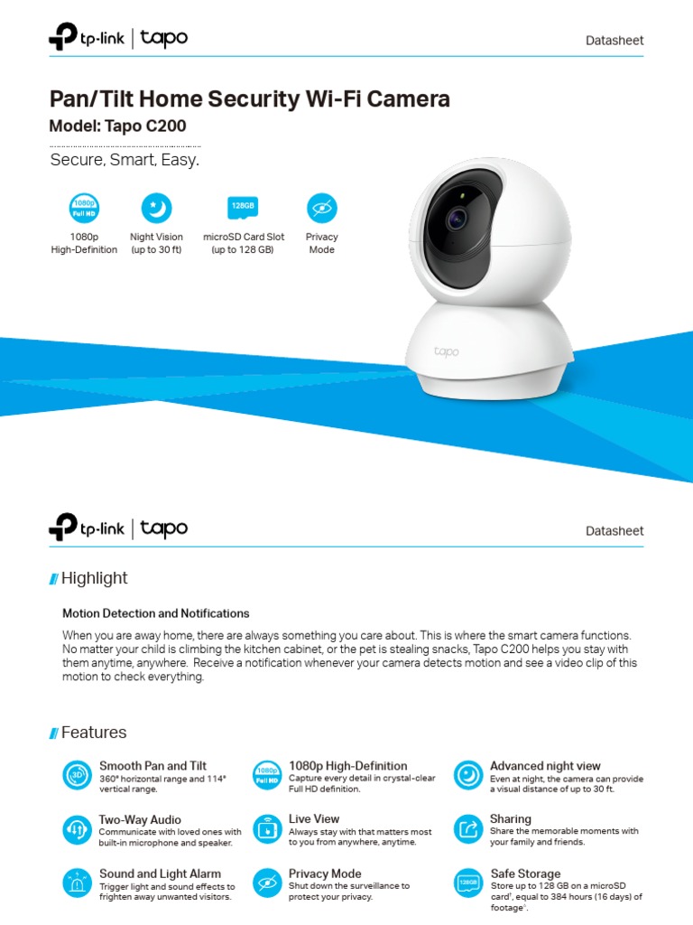 Tapo C200 (EU&US) 1.0 - Datasheet | PDF | Ieee 802.11 | Camera