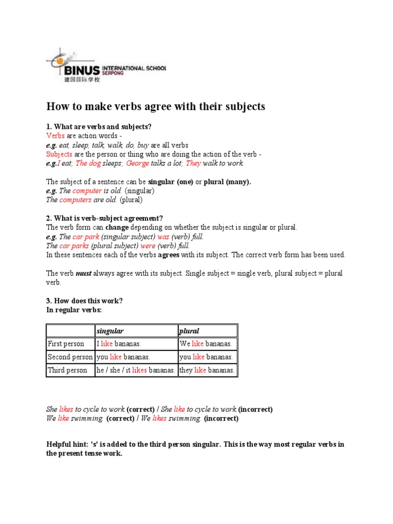 How To Make Verbs Agree With Subjects | PDF