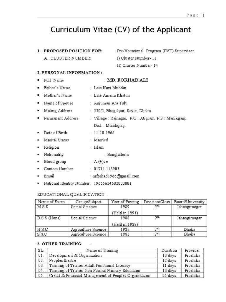 Curriculum Vitae (CV) of The Applicant: 1. Proposed Position For | PDF ...