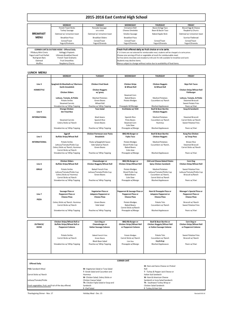 2015-2016 East Central High School: Lunch Menu | PDF | Coleslaw | Salad