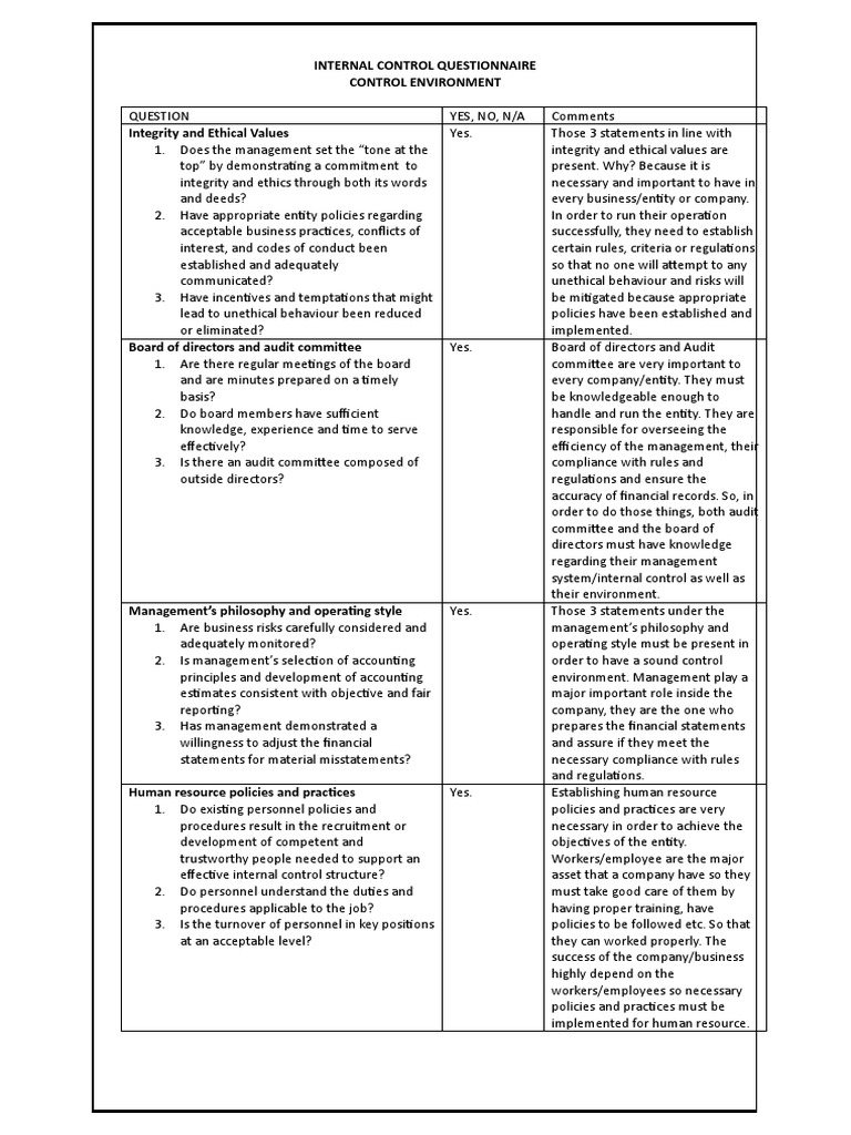 Internal Control Questionnaire Guide | PDF | Internal Control ...