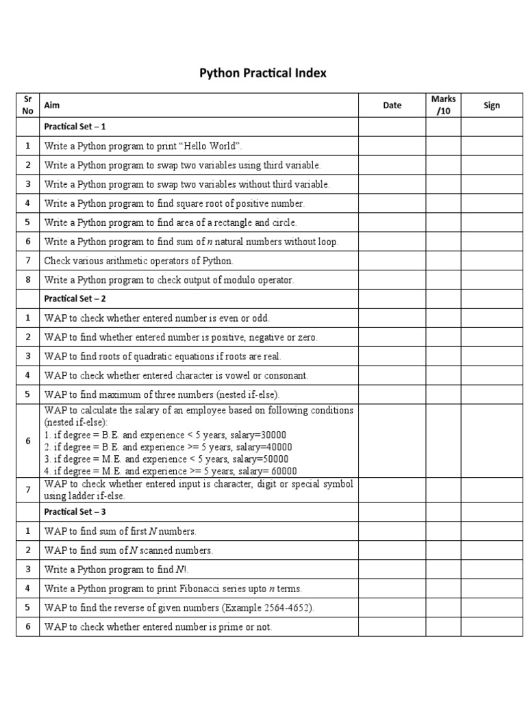 Python Practical Index: SR No Aim Date Marks /10 Sign Practical Set - 1 ...