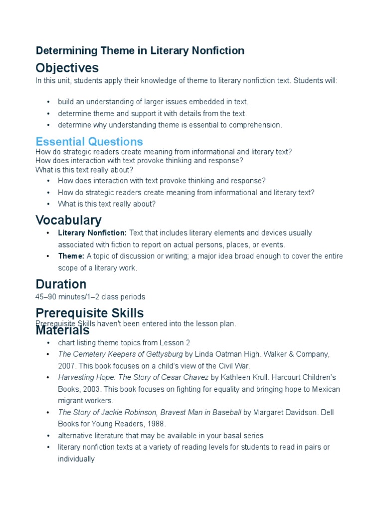 Analyzing Theme of Nonfiction - Odt | PDF | Reading Comprehension ...