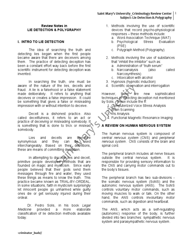 Lie Detection Review Notes '10. BUDZ | PDF | Polygraph | Lie