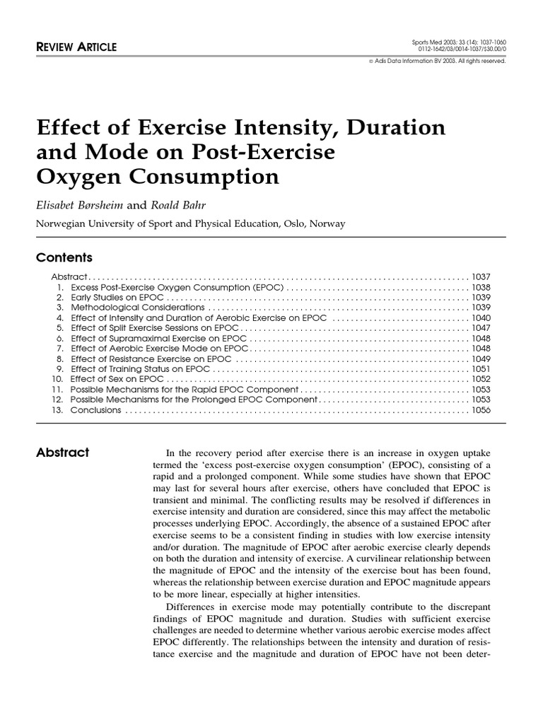 Effect of Exercise Intensity, Duration and Mode On Post-Exercise Oxygen ...