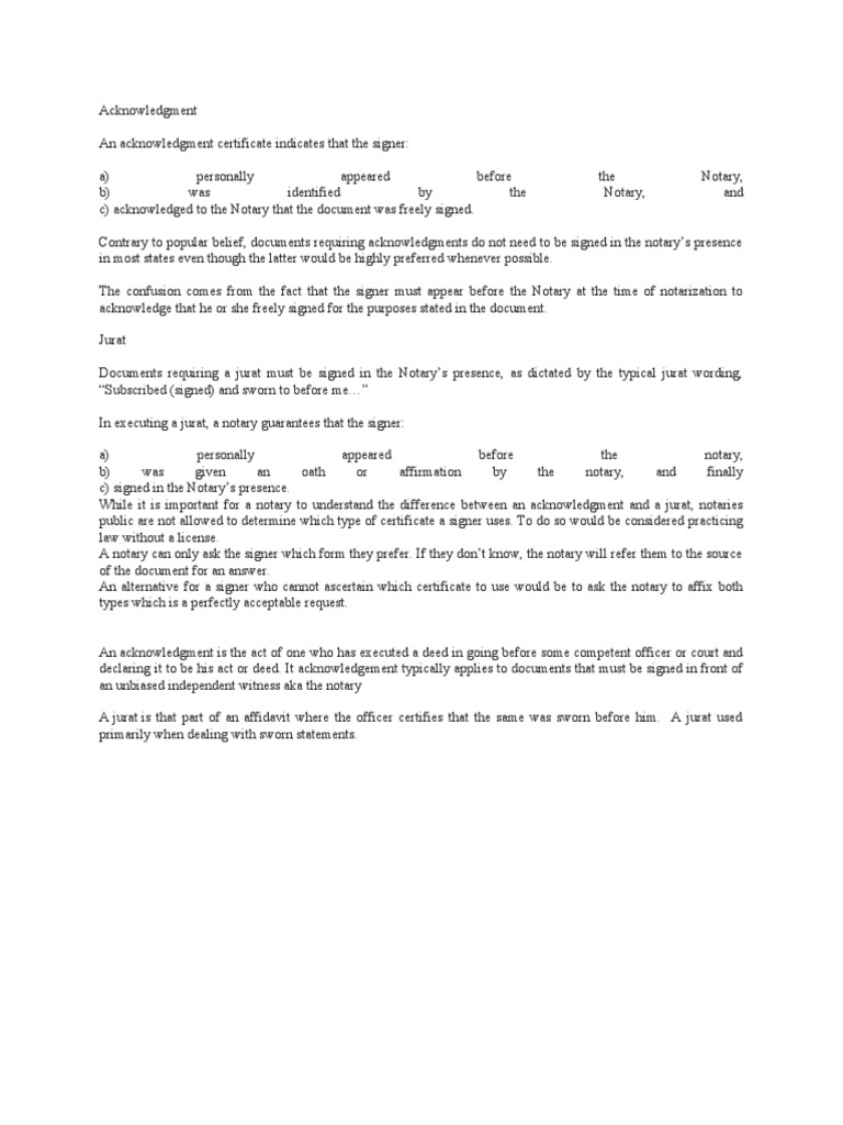 Acknowledgment vs. Jurat Explained | PDF