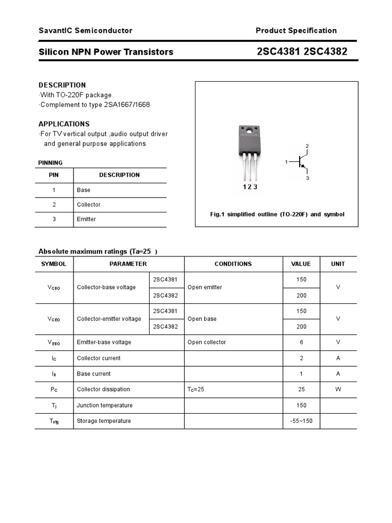 Silicon NPN Power Transistors: 2SC4381 2SC4382 | PDF | Bipolar Junction Transistor | Transistor