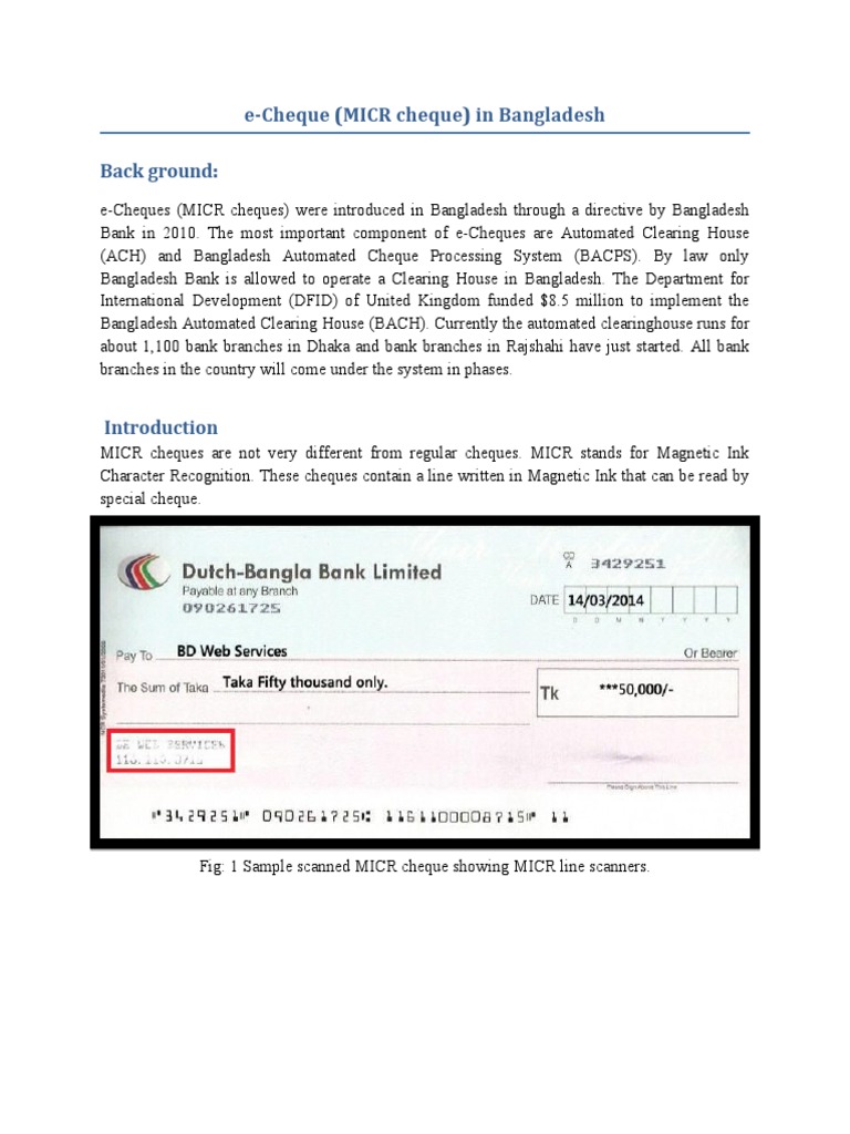 E-Cheque (MICR Cheque) in Bangladesh Back Ground | Download Free PDF ...