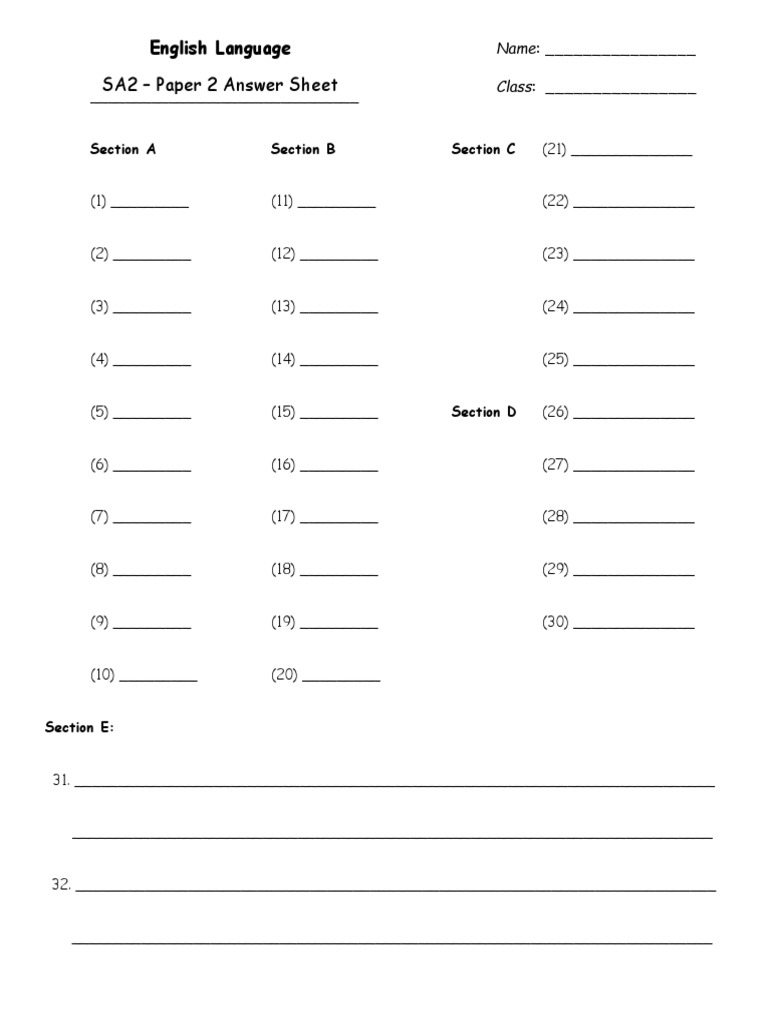 SA2 - Paper 2 Answer Sheet: English Language | PDF