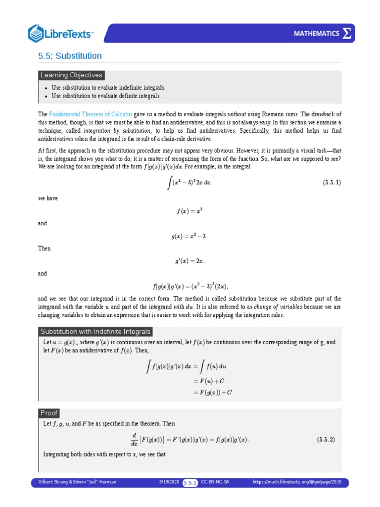 5.5: Substitution: Learning Objectives | PDF | Integral | Calculus