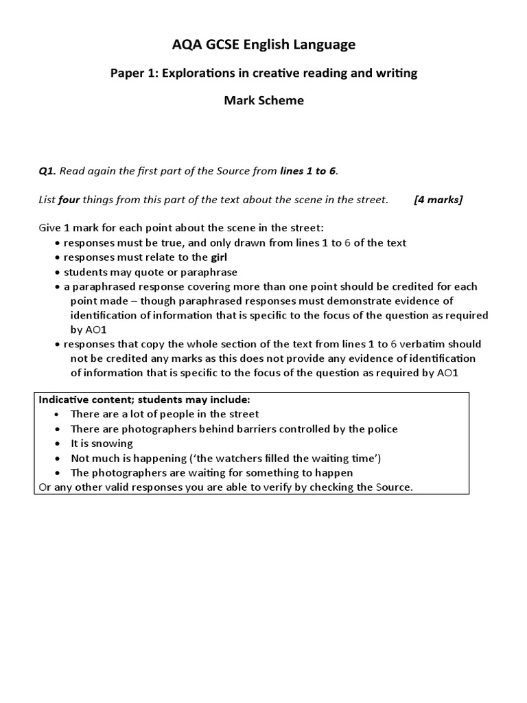 AQA English Language Sample Paper 1e Mark Scheme | PDF | Writers ...