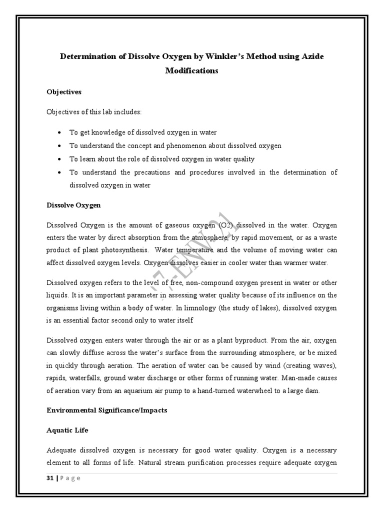 Determination of Dissolve Oxygen by Winkler Method | PDF ...