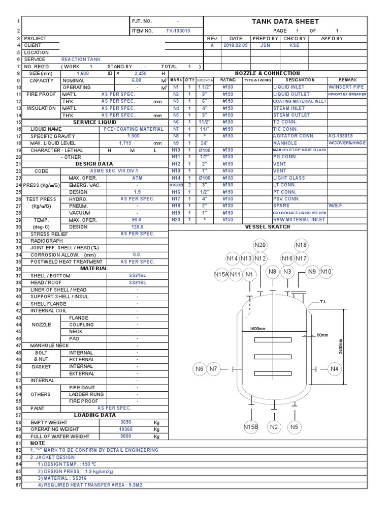 Nozzle & Connection: Tank Data Sheet | PDF | Manufactured Goods ...