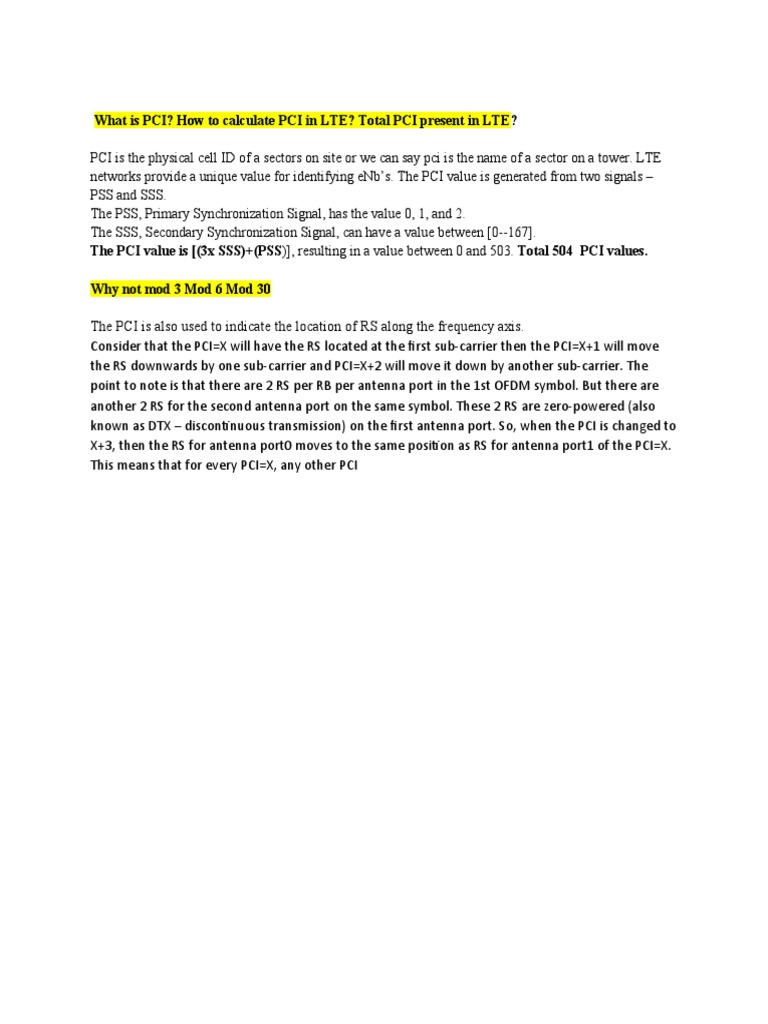 What Is PCI? How To Calculate PCI in LTE? Total PCI Present in LTE? | PDF