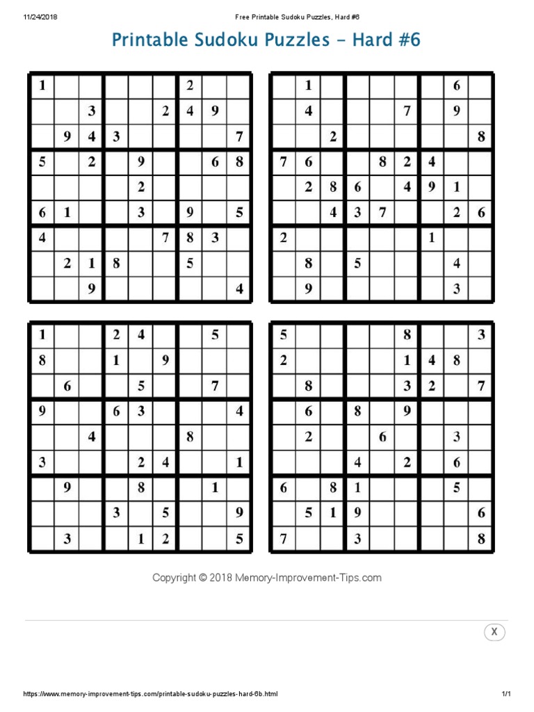 Free Printable Sudoku Puzzles Hard 6 Pdf