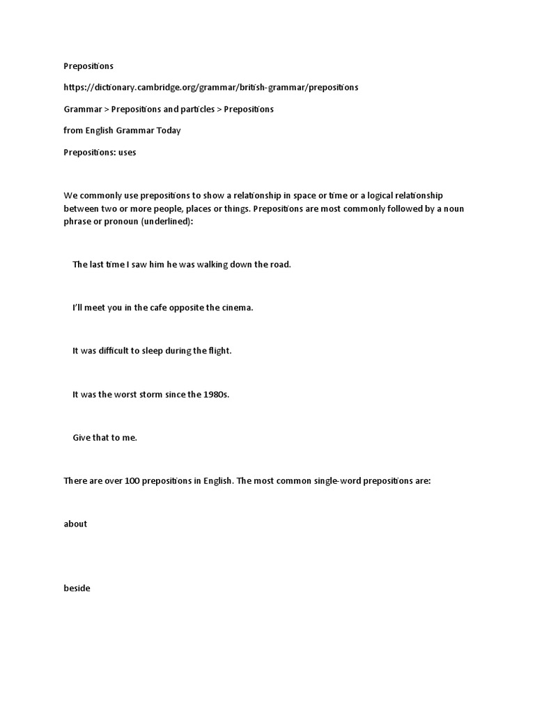 Prepositions | PDF | Preposition And Postposition | Adverb