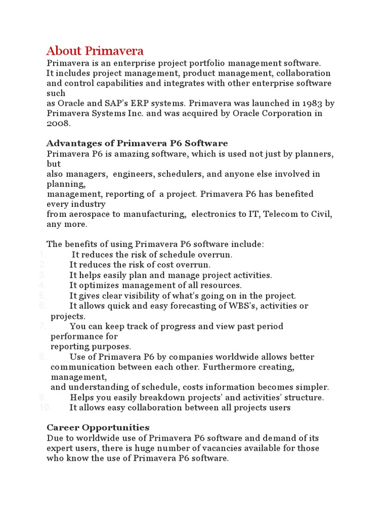 About Primavera: Advantages of Primavera P6 Software | PDF | Project ...