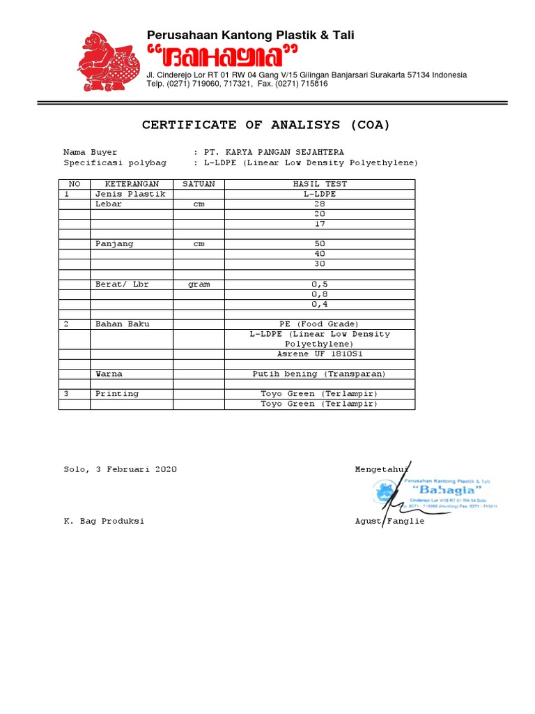 COA Produk Plastik L-LDPE | PDF