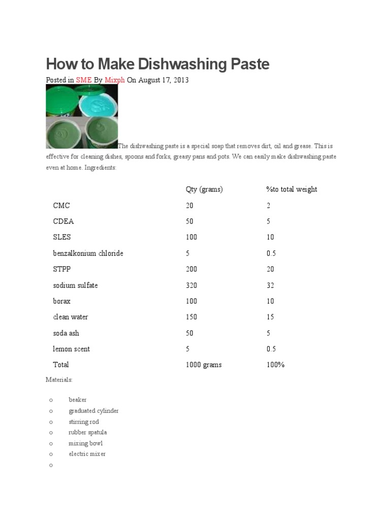 Dishwashing Paste Recipe and Ingredients | PDF | Sodium Carbonate ...