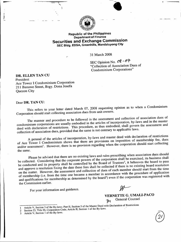 SEC Opinion No. 08-07 Collection of Association Dues of Condominium ...