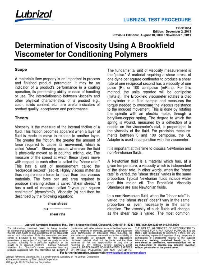 Determination of Viscosity Using A Brookfield Viscomete Rfor ...