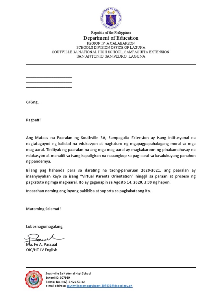Letter of Invitation To Parents Orientation | PDF