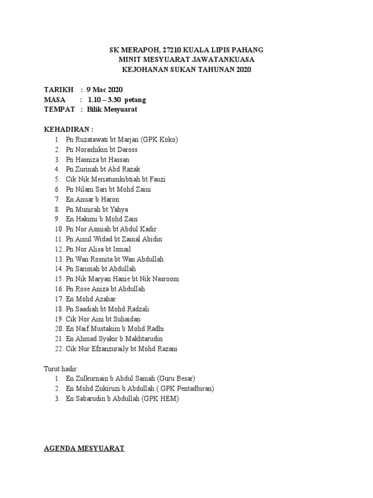 Minit Mesyuarat Jawatankuasa Kejohanan Sukan SK Merapoh 2020 | PDF