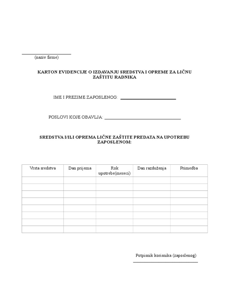 Karton Evidencije Zaduzenja LZS PDF | PDF