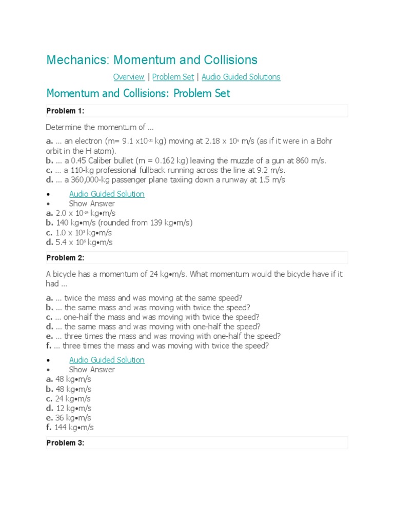 Momentum and Collisions: Problem Set | PDF | Momentum | Collision