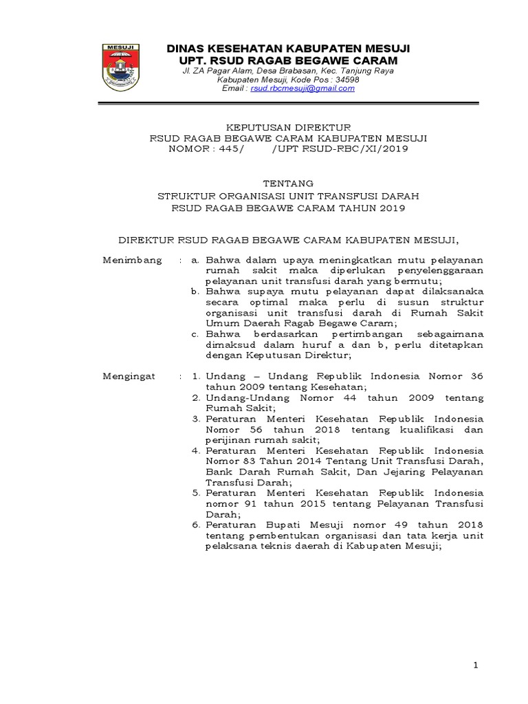 Struktur Organisasi UTD RSUD RBC 1 | PDF