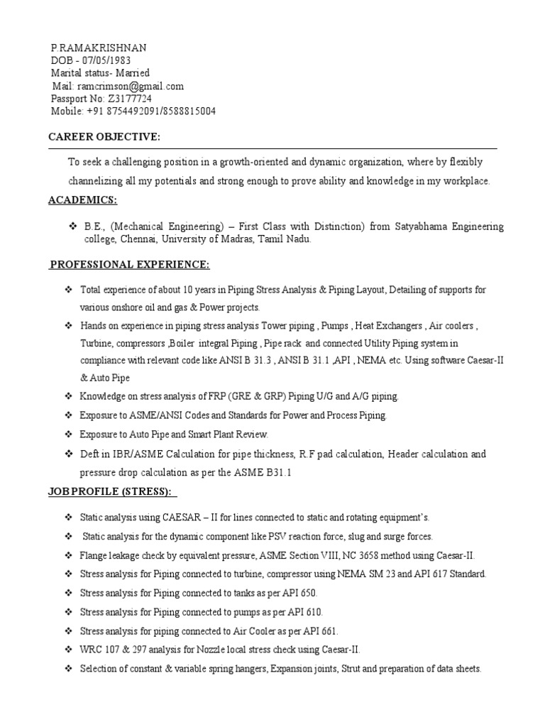 Piping Stress Engineer Resume - Chennai | PDF | Cogeneration | Pipe ...