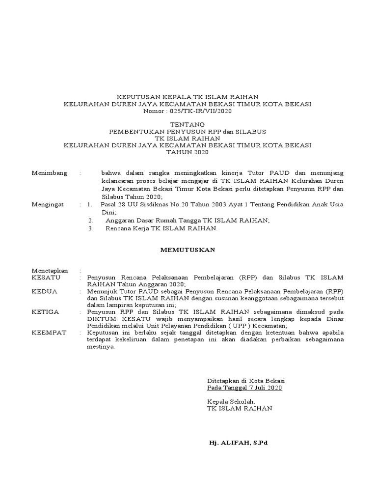 SK Penyusun Dan Pembentukan RPP Dan Silabus TK Raihan | PDF