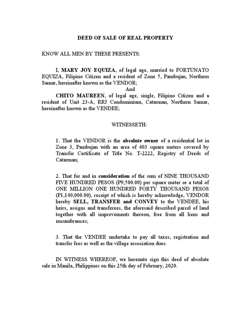 Deed of Sale of Real Property | PDF | Deed | Urban