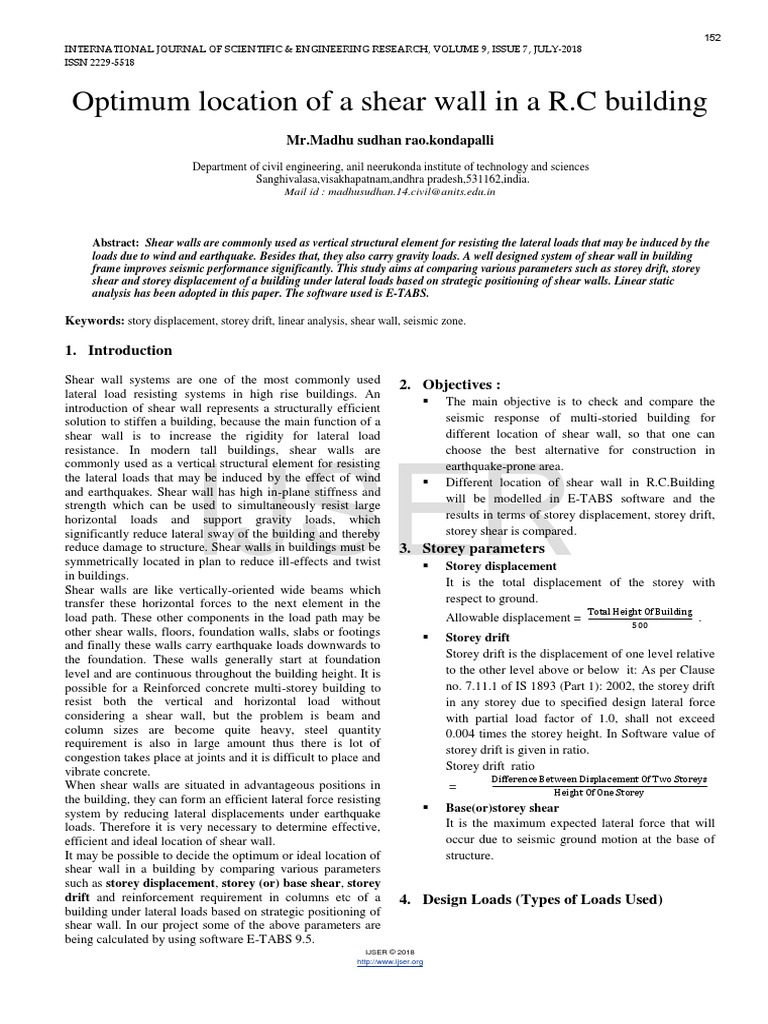 Ijser: Optimum Location of A Shear Wall in A R.C Building | PDF ...