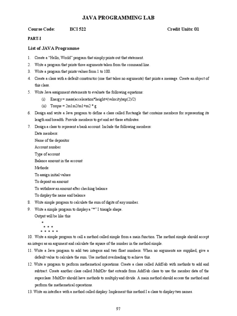 Java Programming Lab: Course Code: BCI 522 Credit Units: 01 | Download Free PDF | Method ...