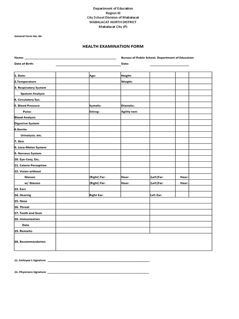 Form 86 Health Examination Form 1 | PDF