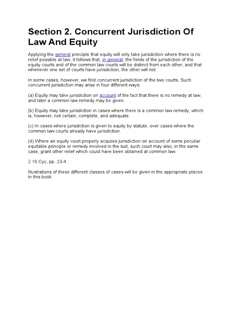 Section 2. Concurrent Jurisdiction of Law and Equity: General in ...