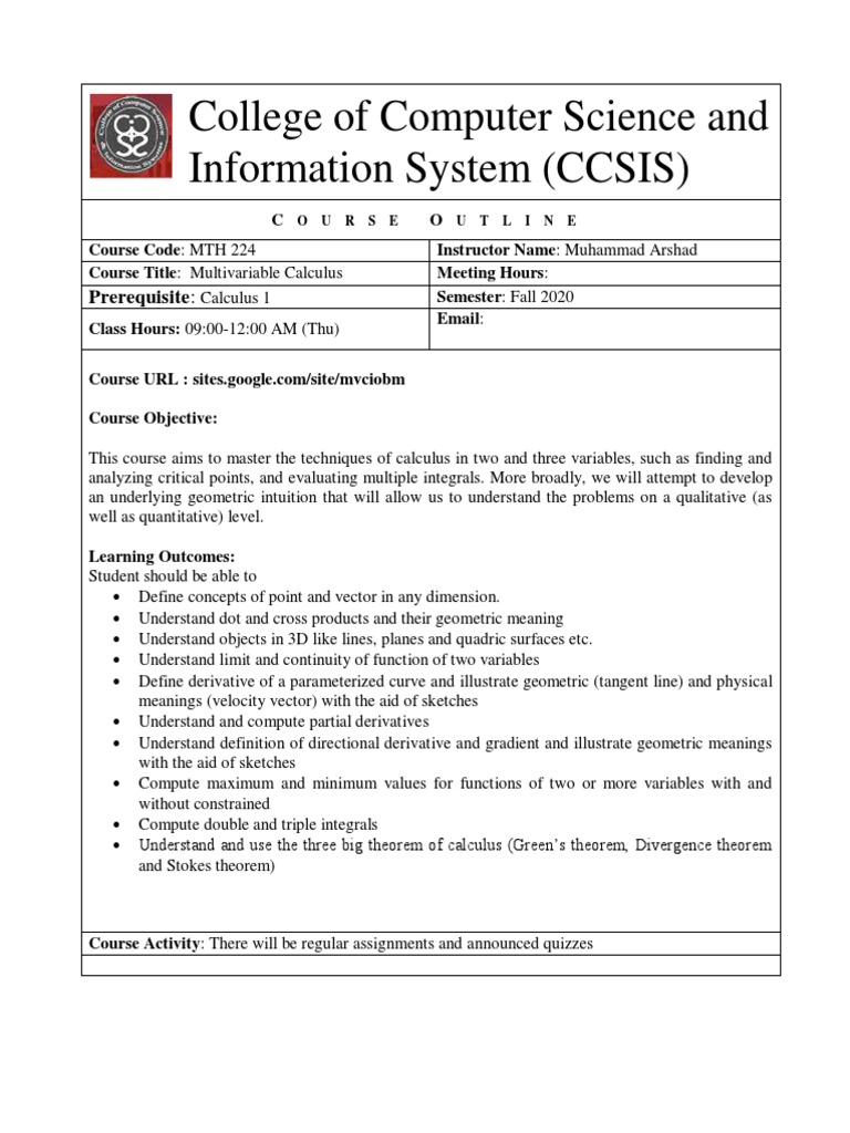Course Outline Multi Variable Calculus | PDF | Integral | Derivative
