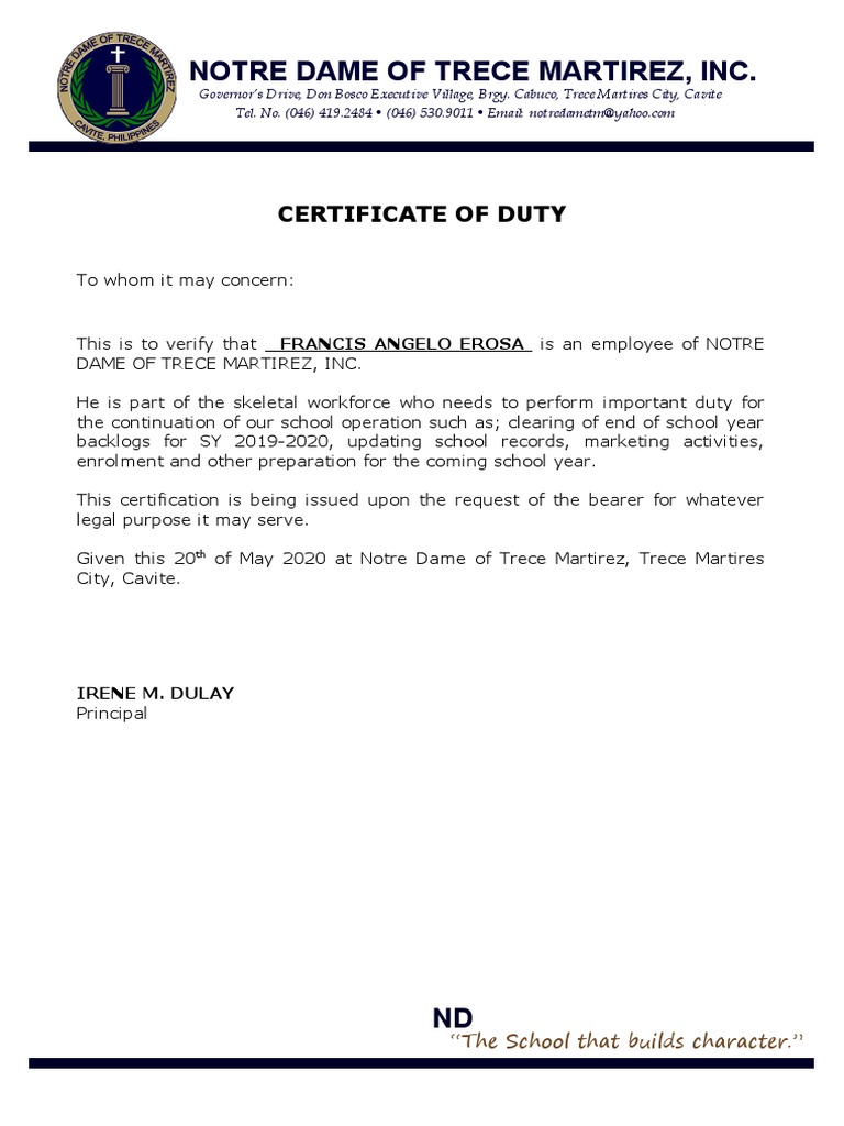 Certificate of Duty | PDF