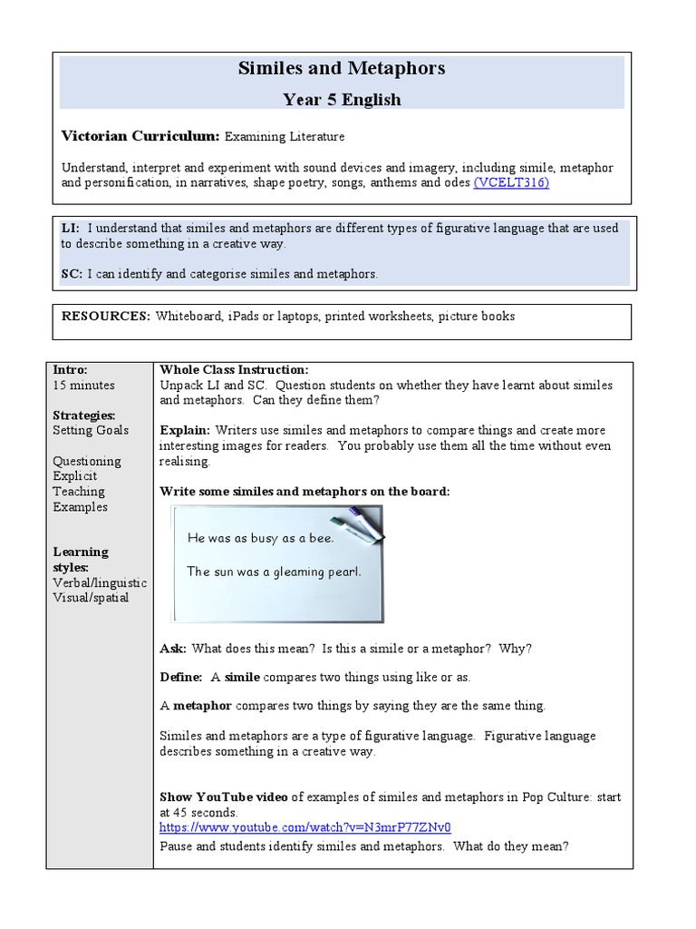 Grade 5 Similes and Metaphors | PDF | Metaphor | Communication