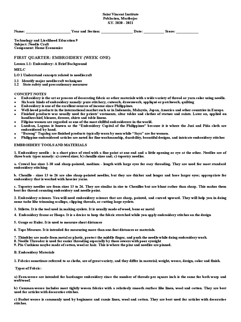 Learning Module TLE 9 | PDF | Embroidery | Textile Arts