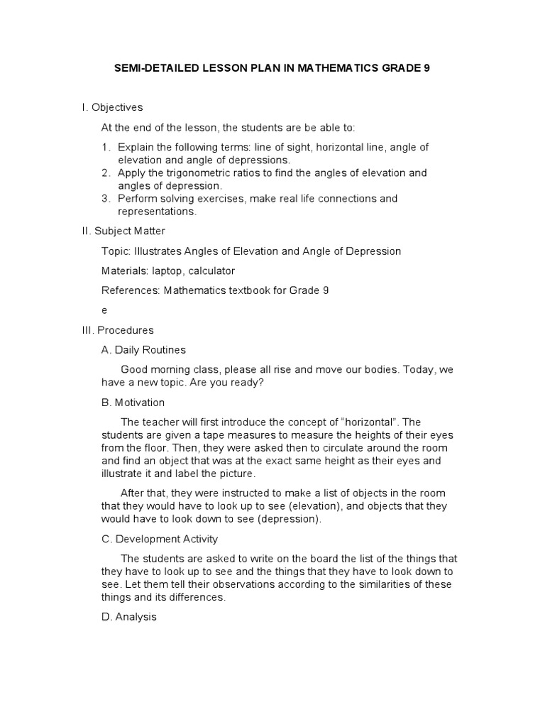 Semi-Detailed Lesson Plan in Mathematics Grade 9 | PDF | Angle | Lesson Plan