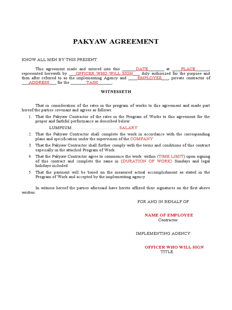 PAKYAW AGREEMENT Sample | PDF