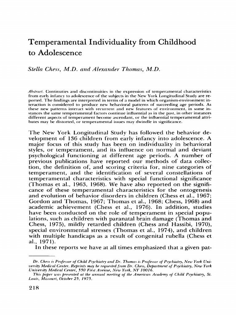 Thomas and Chess Temperament Study | PDF | Temperament | Behavioural ...